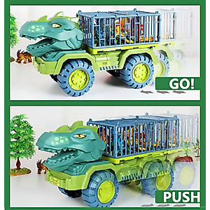 Dinosaur Transport Truck Boy Toys Car Carrier Train with 15PCS Dinosaurs 2 Crane Transport Toys for 3 4 5 6 7 Year Old Boys Girls Kids, Waterproof Mat Activity Playset (Dino Truck)