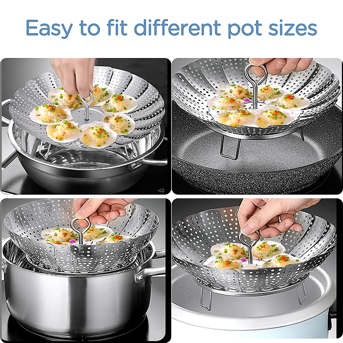 Yubng Vegetable Steamer Basket, 304 Stainless Steel Steamer for Cooking, Expendable Food Steamer to Fit Various Size Pot (5.7" to 9" + 7.3" Kitchen Tong)