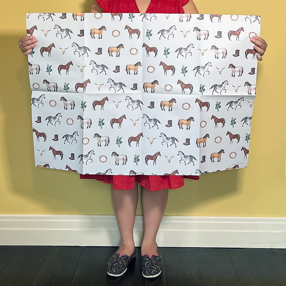 REVEL & Co Western Horses Birthday Gift Wrap by Hoot LeRoux—Horse Wrapping Paper Folded flat, 27 x 39 inches—Cowboy Wrapping Paper with Horses, Cowboy Boots, Cow Skulls, and Cactus