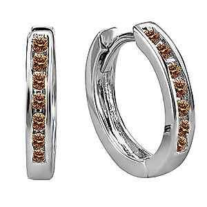 Dazzlingrock Collection 0.20 Carat (ctw) 10K Small Round Champagne Diamond Huggie Hoop Earrings 11 Mm Diameter, White Gold