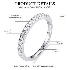 AmoreNel Moissanite Wedding Band,0.4 ct D Color VVS1 Lab Created Diamond Sterling Silver Rings Half Eternity Stackable Engagement Ring Anniversary Band Size 4-10 (7.5)