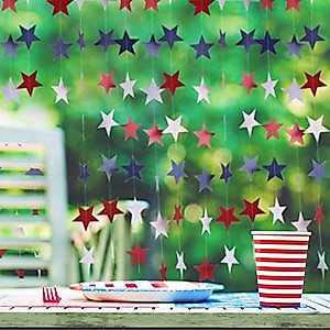 TecUnite 8 Strands Patriotic Star Streamers Banner Garland for 4th of July BBQ, Memorial Day, Veterans Day Party, Independence Day Celebration, Labor Day， Holiday Decorations, Red White Blue
