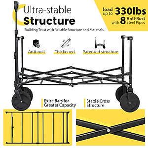 Sekey Collapsible Foldable Wagon with 220lbs Weight Capacity, Heavy Duty Folding Utility Garden Cart with Big All-Terrain Beach Wheels & Drink Holders. Black&Grey