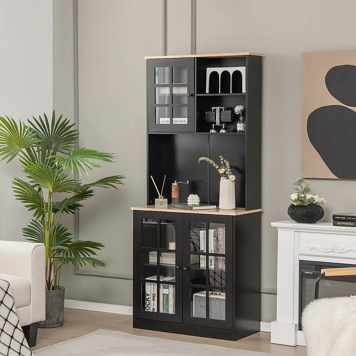 LOKO 72" Kitchen Hutch Storage Cabinet, Freestanding Pantry Buffet Cabinet with Glass Doors, Open & Closed Storage, 3-Position Adjustable Shelves, Tall Cupboard Storage Cabinet (Black)