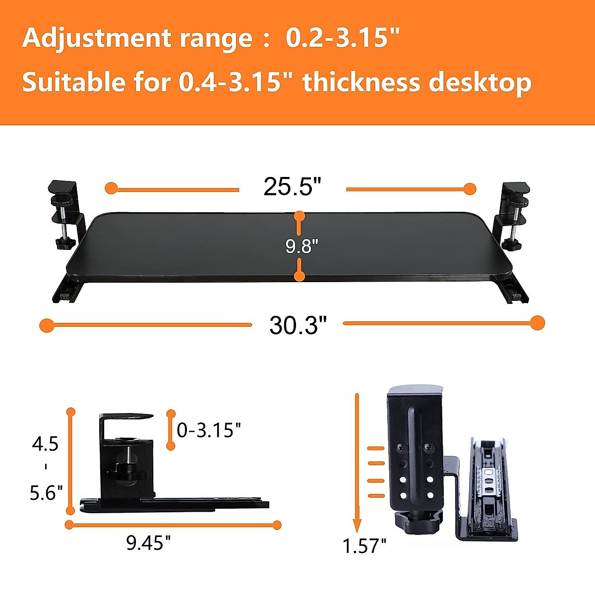 Keyboard Tray Under Desk - Adjustable Ergonomic Sliding Tray, 30.3 (Including Clamps) x 10 inch Large Slide-Out Platform Computer Drawer, Up to 3.1" Thick