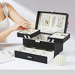 BUTI4WLD 3 Layers Large Jewelry Boxes for Women Girls Wife Ideal Gift, Jewelry Case for Storing Earrings Rings Necklaces Bracelets PU Leather & Soft Velvet Lined, Black