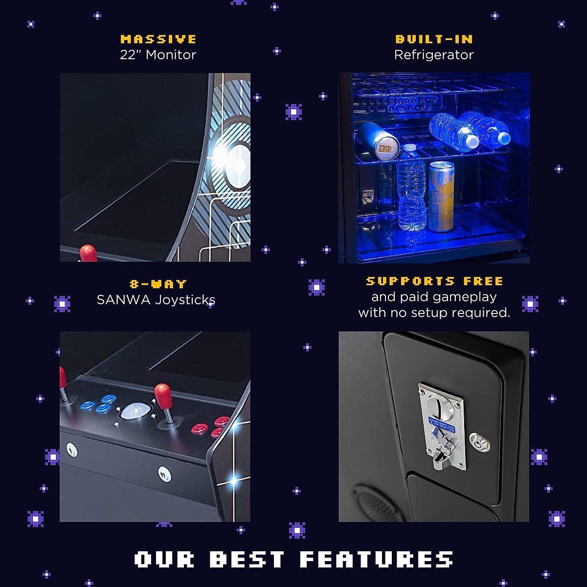 Creative Outdoor Distributor Full Size Stand-Up Commercial Grade Arcade Machine-2 Player, 60 Games, 22 LCD Screen, 2 Sanwa Joysticks, Trackball, Built-in Fridge, 2 Stools Included