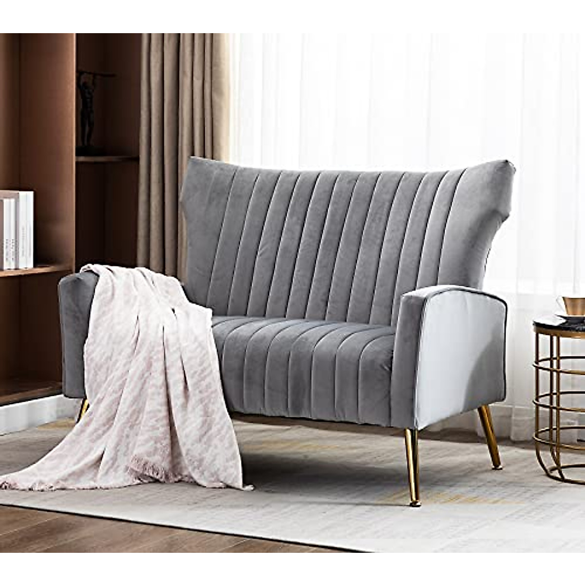 Artechworks Tufted Contemporary Velvet Wingback HighBack Loveseat Sofa Chair Upholstered Couch with Gold Metal Legs Two-Seat Sofa for Living Room Bedroom Apartment Small Space Dorm, Grey