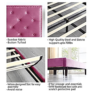 Queen Upholstered Platform Bed Frame with 48" Tall Adjustable Headboard - Button Tufted Suede Velour Bed- Wood Slat Support with Storage Space- No Box Spring Needed - Pink - OLIVER & SMITH - Princeton