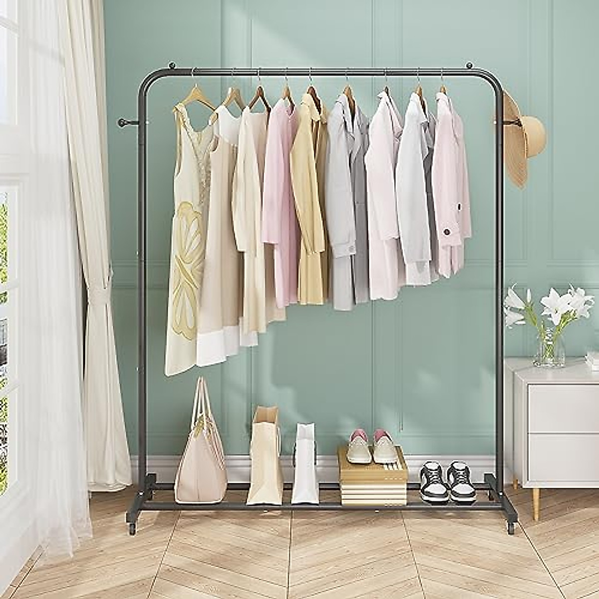 Boeeoan Garment Rack, Freestanding Simple Single Pole Clothes Rack With Wheels, Coat Rack, Multi-functional Rolling Clothing Storage Rack With 2 Hooks for Bedroom, Laundry Room, Living-room, Black