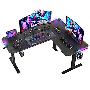 FEZIBO 63 Inch L Shaped Gaming Standing Desk, Electric Height Adjustable Gaming Desk with Triple Motors, Corner Stand up Desk with Cup Holder, Black Frame/Carbon Fiber Top