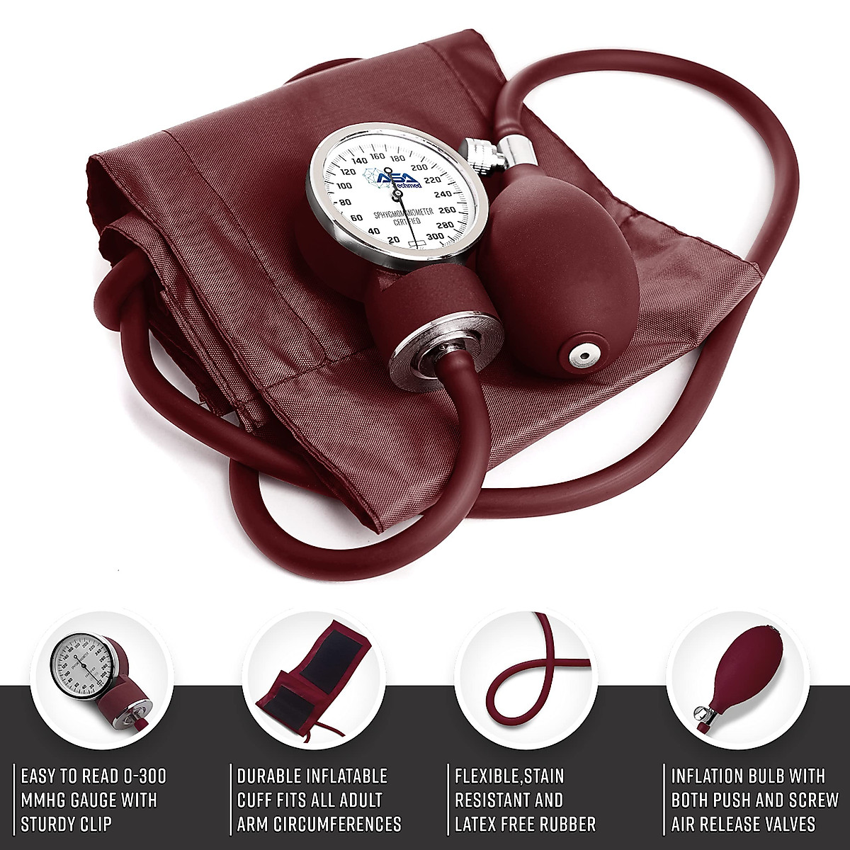 ASA TECHMED Manual Blood Pressure Monitor - Aneroid Sphygmomanometer Blood Pressure Cuff arm for Nurses Universal (Maroon) Standard