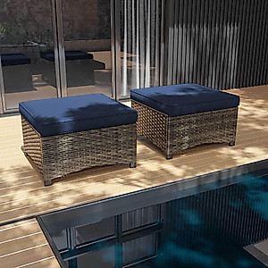 Yokayoay Patio Ottomans 2 Pieces,Outdoor Wicker, Side Table with Removable Cushions, Footrest Furniture for Deck, Porch, Backyard, Balcony, Poolside