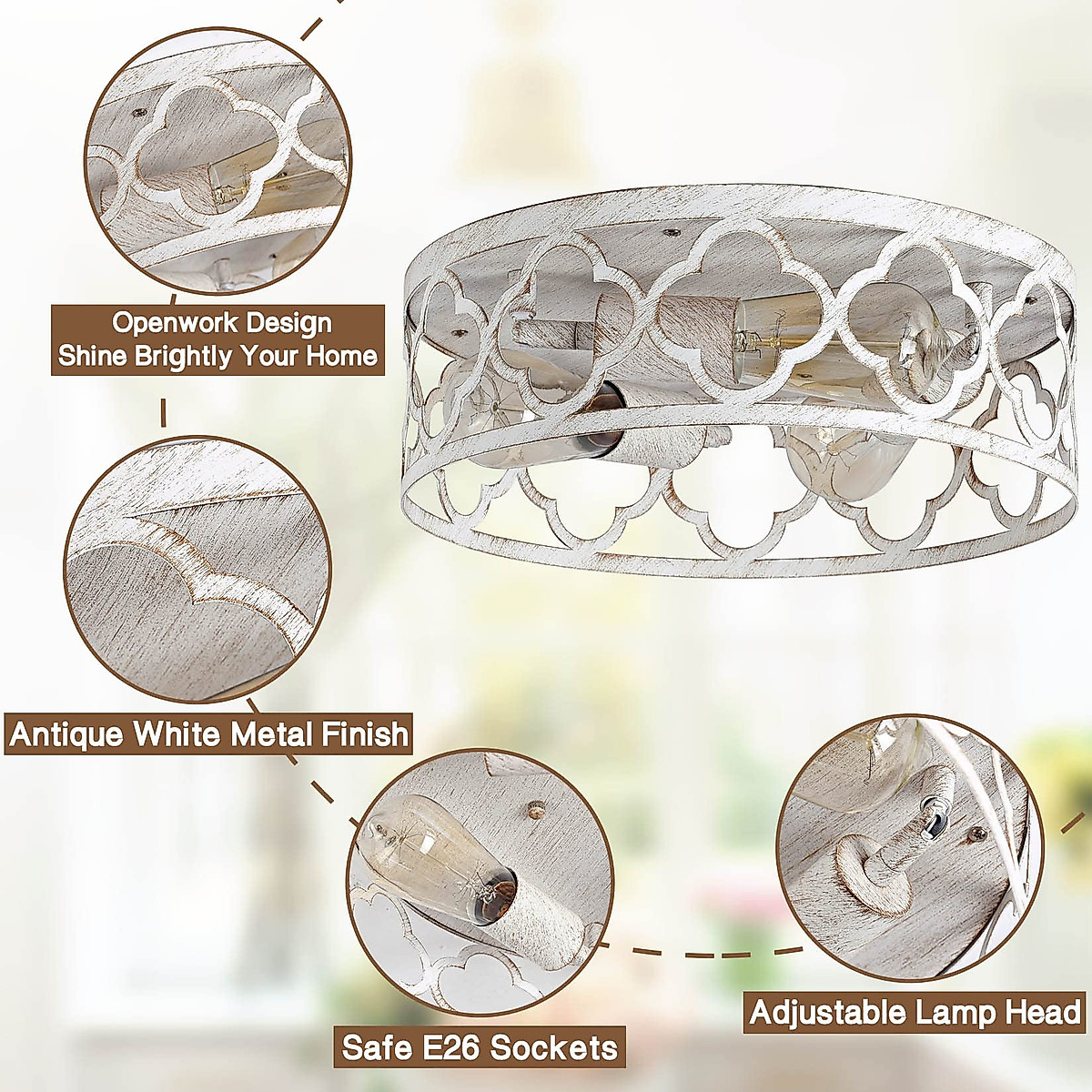 Bargeni Flush Mount Ceiling Light,13-inch Ceiling Light Fixture,3-Light Kitchen Light Fixtures,Rustic Antique White Finish,Farmhouse Light Fixtures for Bedroom,Living Room,Kitchen,Hallway and Foyer