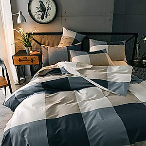 Cotton Grid Plaid Duvet Cover Set Queen Modern Reversible Checkered Bedding Set Full Hotel Quality 3 Piece Duvet Comforter Cover Set Luxury Zipper Closure Bedding Collection (NO Comforter)
