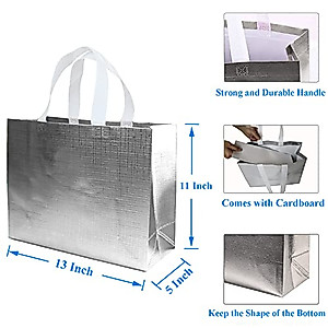 HUANN 12 Pcs Silver Gift Bags Large Wedding Gift Bags with Handle Glossy Reusable Gift Bags Shine Non-Woven Gift Bags for Wedding Christmas Party, 13 x 5 x 11 Inch