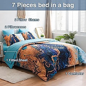 A Nice Night Marble Like Burning Mountain Printed Bedding Set,Retro Style Watercolor Artwork Design,Ultra Soft Comforter Set, 7pcs Bed in a Bag,Queen,Blue