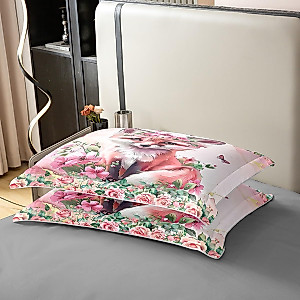 Watercolor Fox 100 Percent Cotton Bedding Set Full Size Cute Jungle Wildlife Duvet Cover Romantic Rose Butterfly Comforter Cover Pink Golden Marble Bedspread Cover with 2 Pillowcases
