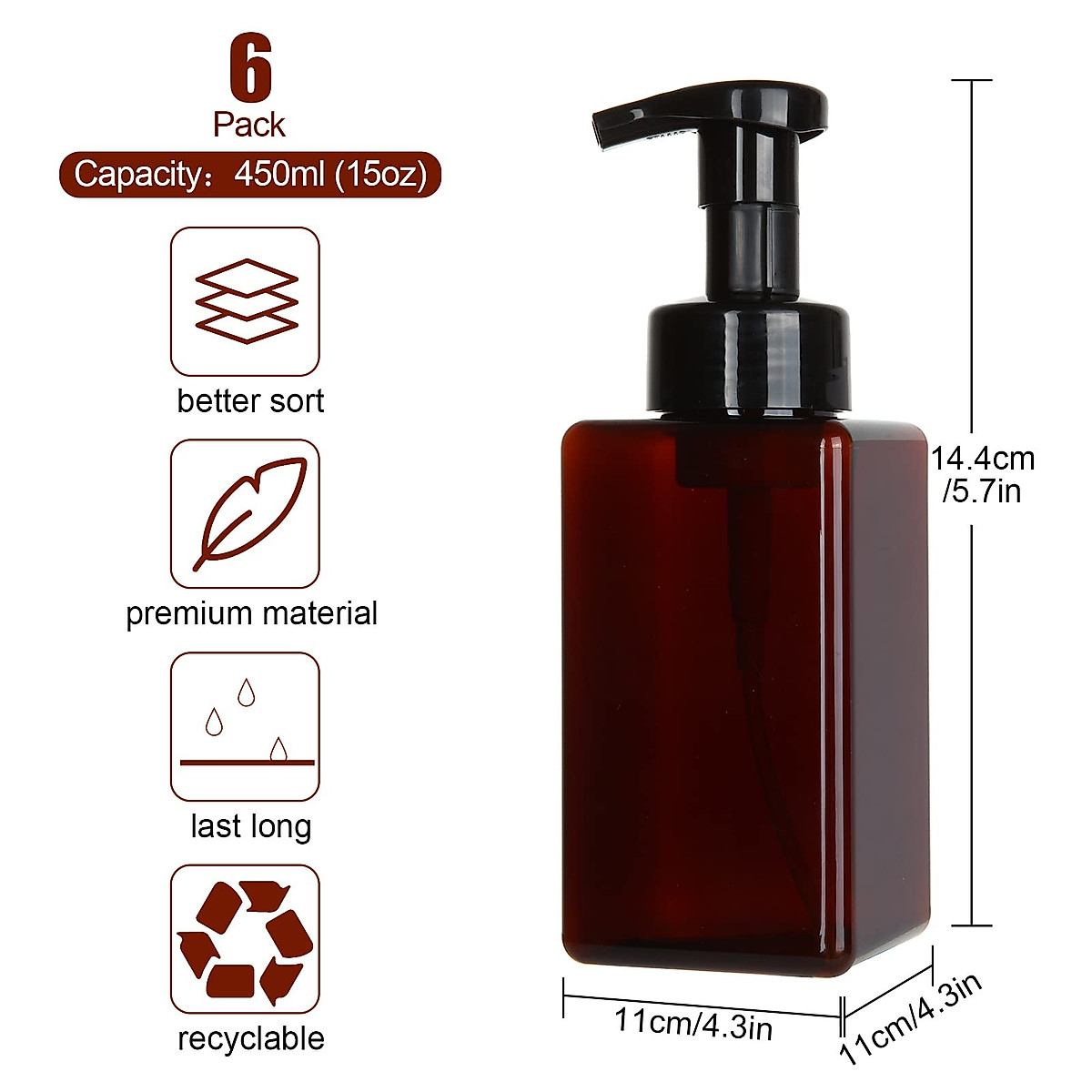 RHBLME 6 Pack Foaming Soap Dispenser with Pump, 15oz 450ml Refillable Pump Bottle Plastic, Empty Foaming Hand Soap Dispenser, for Storing Shampoo, Hair Conditioner, Liquid Hand Soap, Various Lotions