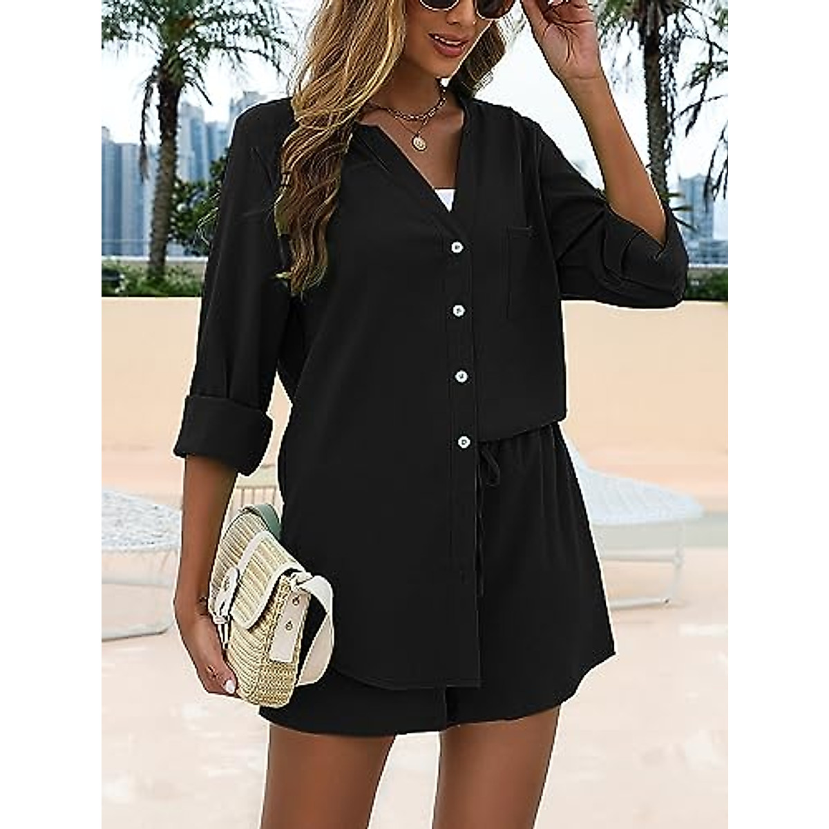 Namifin Women 2 Piece Shirt and Pants Set Oversized Button Down Shirt and High Waist Pants Outfits Summer Streetwear Black