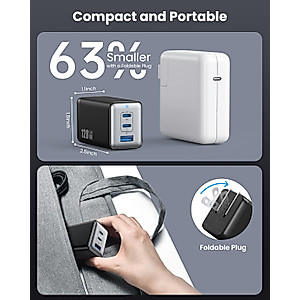 128W USB C Wall Charger,GaN III 3-Port Fast Charging Station,PD QC Foldable Charger Block Portable 65W Laptop Adapter for MacBook Pro/Air,iPad Pro,Galaxy S23,Dell XPS 13,iPhone 15/Pro etc Black