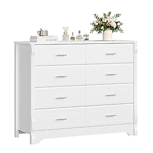HITHOS 8 Drawer Dresser for Bedroom, White Dresser, 47" Wood Dresser & Chest of Drawers, Modern Double Storage Dresser Cabinet with Deep Drawers | Metal Handles for Living Room, Hallway, Entryway