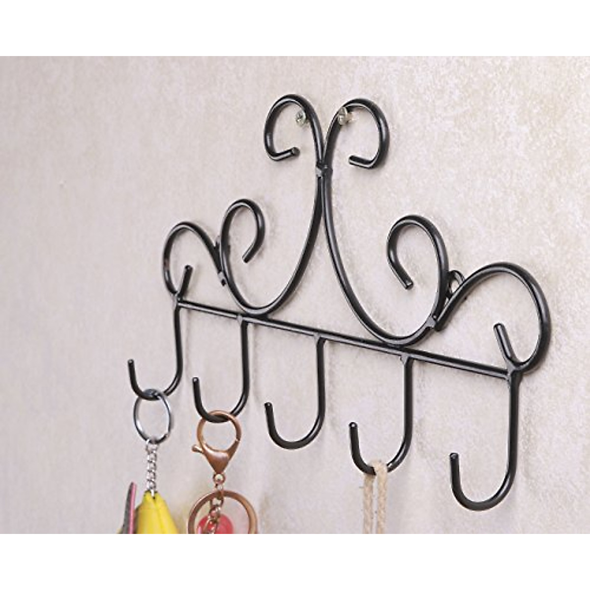 Wall Mounted Metal Hooks/Hangers - Door Hangers/Hooks - Decorative Organizer Rack with 6 Hooks for Keys Clothes Coats Hats Belts Towels Scarves Pots Cups Bags Kitchen Bathroom Garden (Black) (LSYY001)