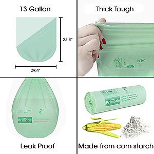 Primode Compostable Bags 13 Gallon, Tall Kitchen Trash Bags, 100 Count, Extra Thick 0.87 Mil. ASTMD6400 Food Scrap Yard Waste Compost Bags, Certified by BPI and TÜV AUSTRIA
