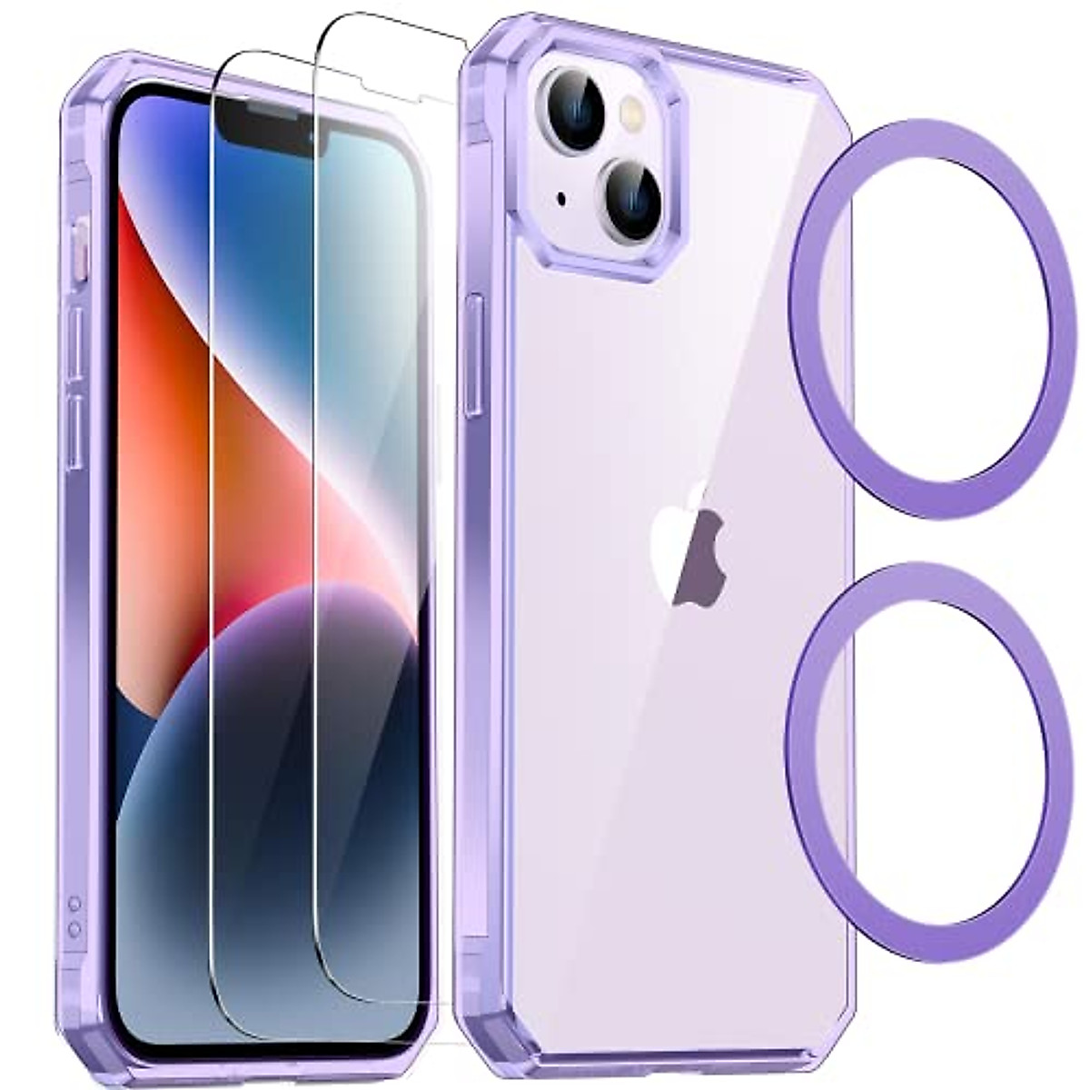 Meifigno Air Armor [5 in 1] Case Designed for iPhone 14, 2X Screen Protector + 2X Magnetic Ring [Military Grade Drop Protection], Shockproof Case Designed for iPhone 14, 6.1 inch 2022, Crystal Purple
