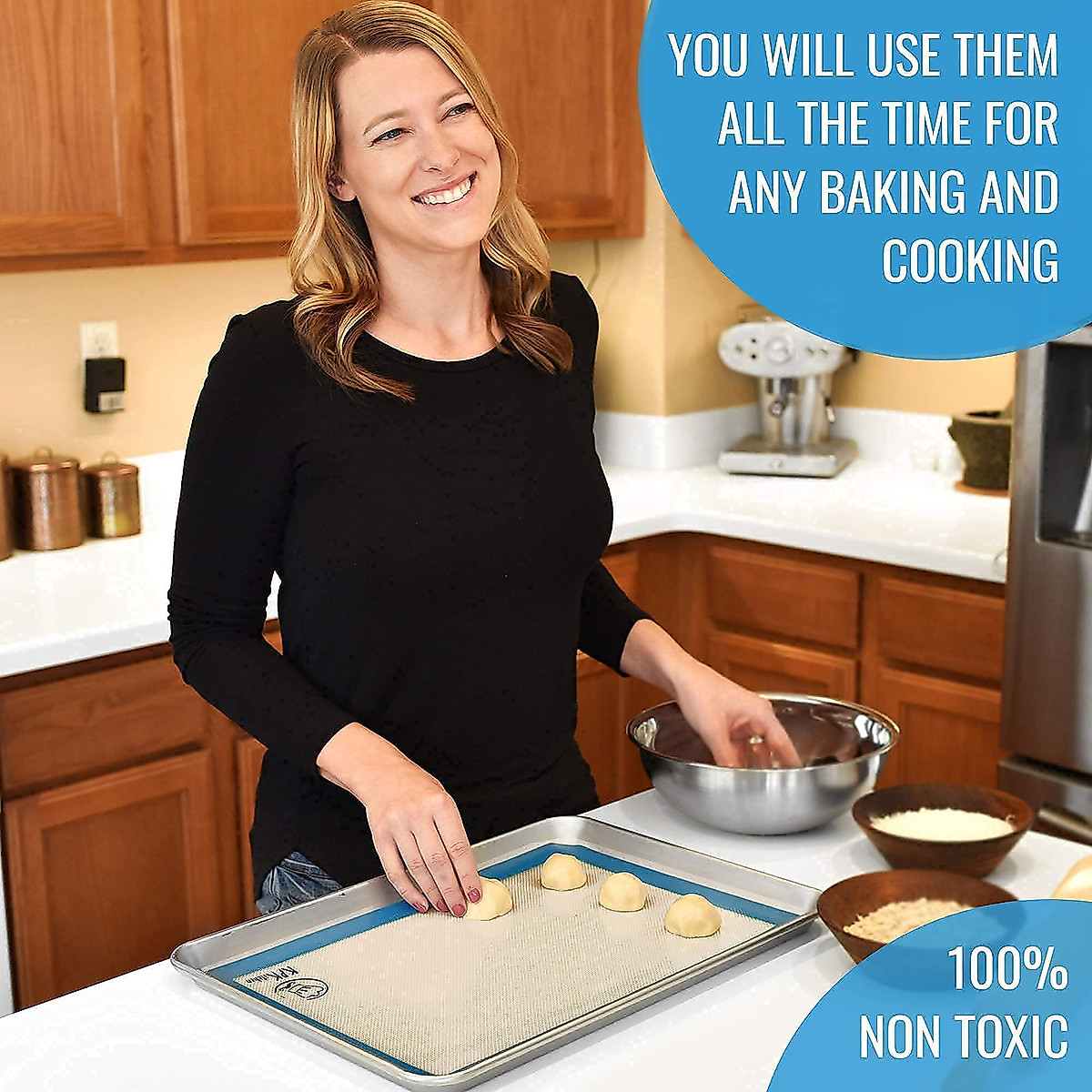 KPKitchen Silicone Baking Mats Set of 5 and Baking Sheet with Rack Set - 2 Half Sheets Mats + 1 Quarter Sheet Liner + 1 Round & 1 Square Cake Mat - Aluminum Pan + Stainless Steel Cooling Rack