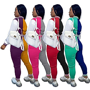 ANICECUT Sweatsuits for Women Set 2 Piece Long Sleeve Patchwork Button Down Varsity Jacket Sweatpant Workout Tracksuit Black Red XL