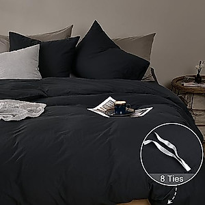 PHF 100% Cotton Duvet Cover Queen Size, 3pcs Washed Cotton Linen Like Comforter Cover, Soft Breathable Durable Cooling Duvet Cover for Hot Sleepers, 90" x 90", Black