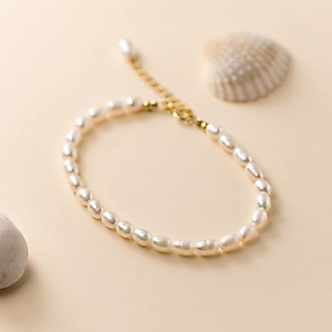 Dainty 14K Yellow Gold Pearl Beaded Bracelet,Freshwater Cultured White Pearl Bracelet for Women,Gift for Mom,Girlfriend,Wife (Style 2, 14K Gold)