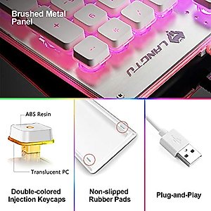 LANGTU Membrane Gaming Keyboard, Rainbow LED Backlit Quiet Keyboard for Office, USB Wired All-Metal Panel 25 Keys Anti-ghosting Computer Keyboard 104 Keys - L1 White/Silver…