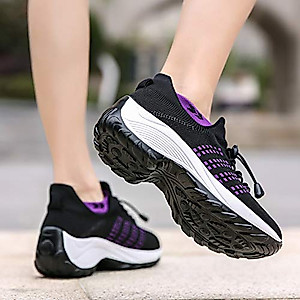 Womens Walking Shoes Sock Sneakers Slip on Arch Support Mesh Breathable Lightweight Running Tennis Shoes Casual Platform Loafers Black Purple Size 6