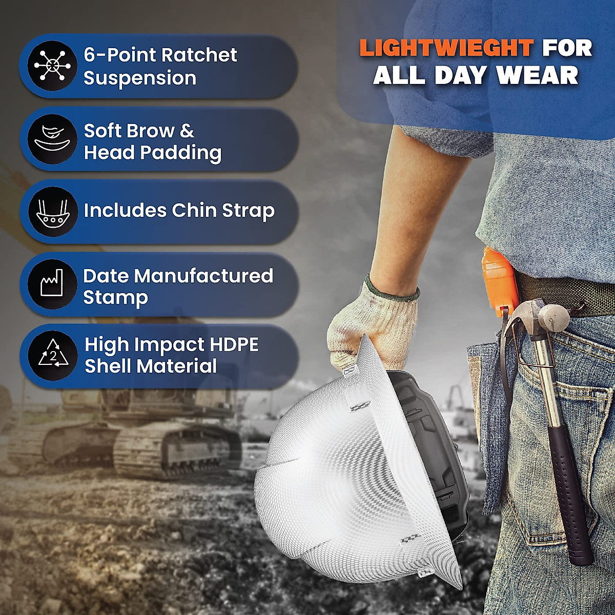 Acerpal Updated Vented Full Brim Hard Hat, Light Grey Carbon Fiber Gloss, Padded, OSHA Construction Safety Approved Hardhats, Hard Hats for Men, Cascos De Construccion Helmet.