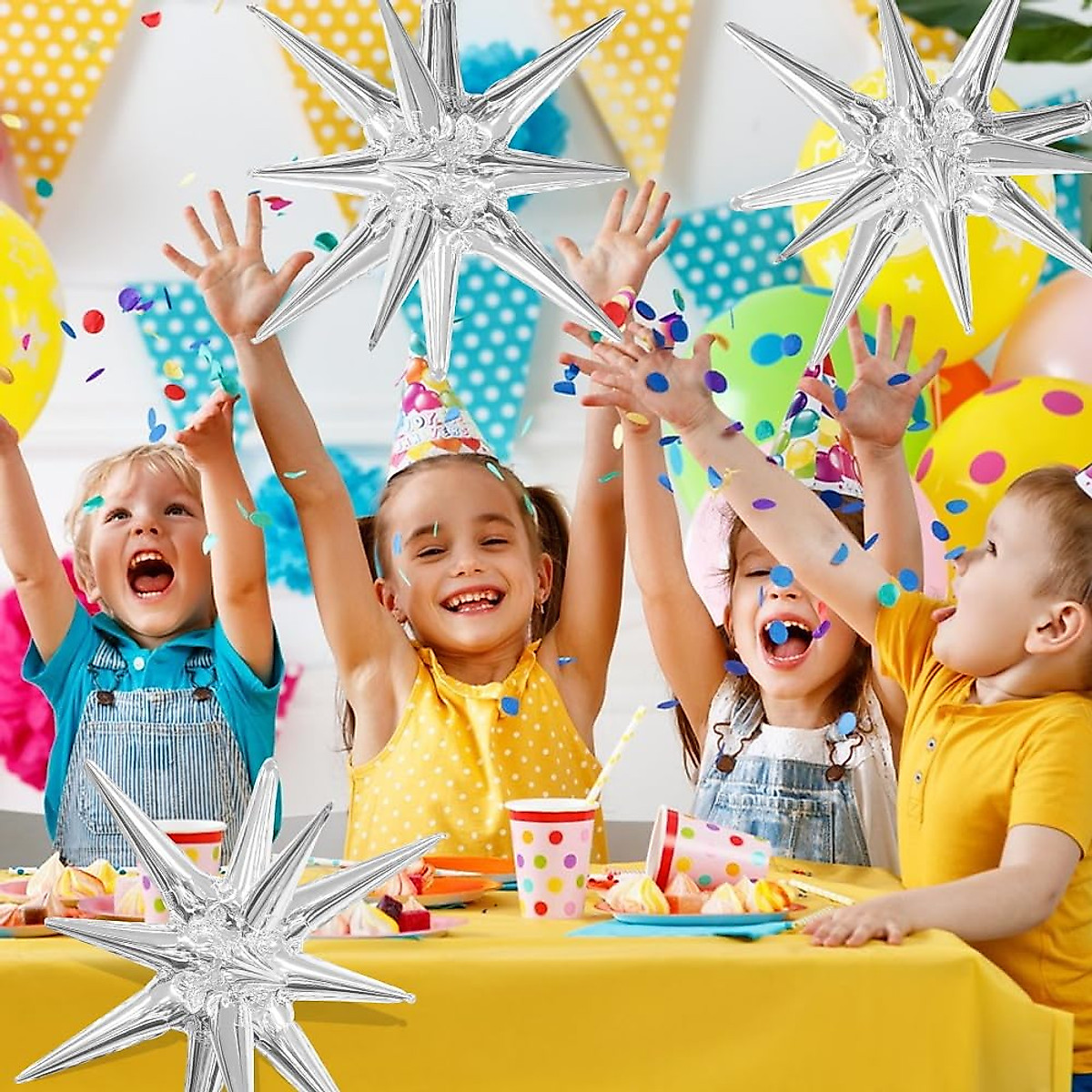 Silver Star Balloons 6 Star Foil Mylar Balloons Cone Spike Explosion Star Balloons 22 Inch Large Starburst Balloons Party Decorations for Christmas Birthday Party Bachelorette Party Disco Party