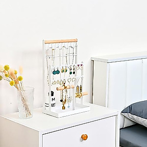 Lolalet Jewelry Holder Organizer Necklace Stand, 6 Tier Jewelry Rack Necklace Holder with 15 Hooks and Bottom Tray, Jewelry Tower Display Storage Tree for Bracelets Earrings Rings -White