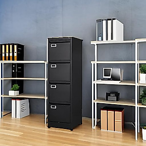 BYNSOE 4 Drawer File Cabinet with Lock Metal Vertical File Cabinet Office Home Vertical File Cabinet for A4 Legal/Letter Size Narrow File Cabinet Locked,Assembly Required (Black, 4 Drawers- Vertical)