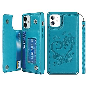 iCoverCase for iPhone 12 Mini Wallet Case for Women, iPhone 12 Mini Case with Card Holder and Wrist Strap, RFID Blocking Embossed Leather Kickstand Shockproof Case 5.4 Inch (Heart Blue)