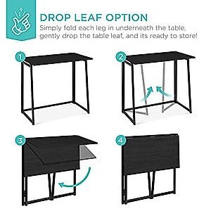 Best Choice Products 31.5in Folding Drop Leaf Desk Table, Computer Workstation for Home Office w/Wood Table Top, Back Shelf, Portable, Space Saving - Black/Black