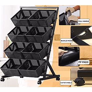 asunflower Kitchen Baskets Storage Cart 4 Tier Rolling Cart with Wheels Metal Fruit Baskets Rack Utility Organzier Cart with Push Handle Wire Fruit Vegetable Stand, Black