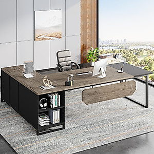 Tribesigns 70.8" Executive Desk with 55" File Cabinet, Industrial L Shaped Computer Desk with Storage Shelves and Cabinet, Large L Shaped Executive Desk for Home Office, Retro Gray & Black