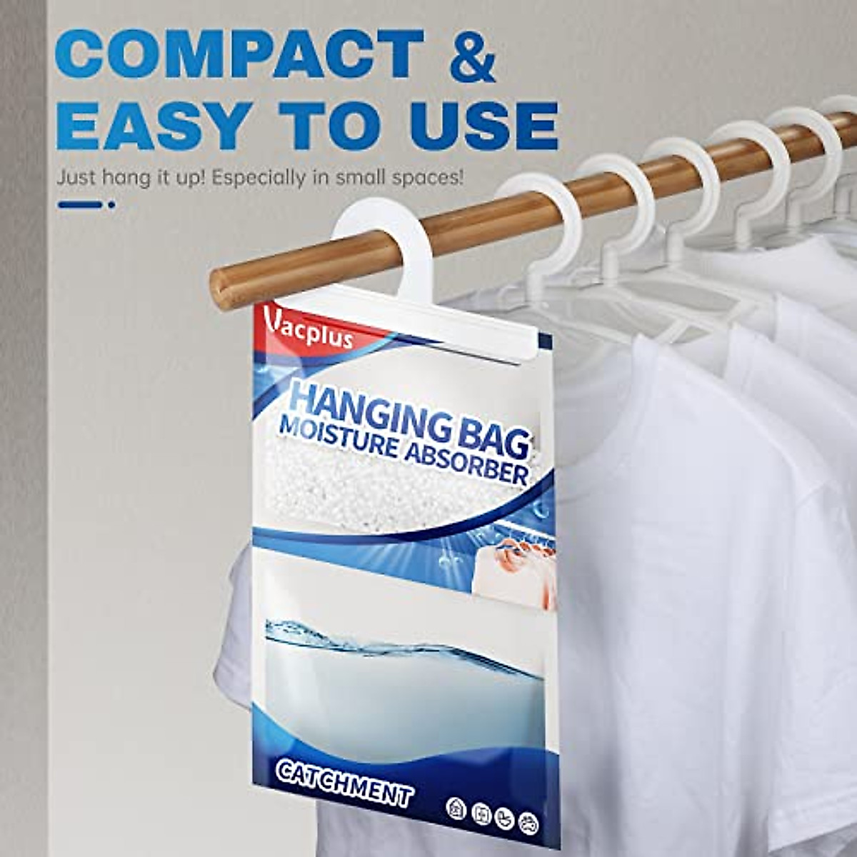 Vacplus Moisture Absorber, 3 Pack Desiccant Hanging Bag for Closet and Enclosed Space, 14 OZ Dehumidifier Bags Effectively Trap Extra Moisture, Hanging Moisture Absorbers Eliminate Unpleasant Smell