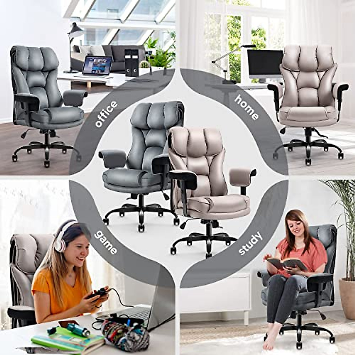 YAMASORO Big and Tall Office Chair 400lbs, Leathaire Cushy Seat and Adjustable Armrests Heavy Duty Executive Desk Chair with Wheels, Beige