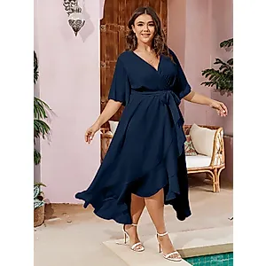 SCOMCHIC Women Plus Size Maxi Dress Short Sleeve Wrap V Neck High Low Split Ruffle Long Dress Navy Blue