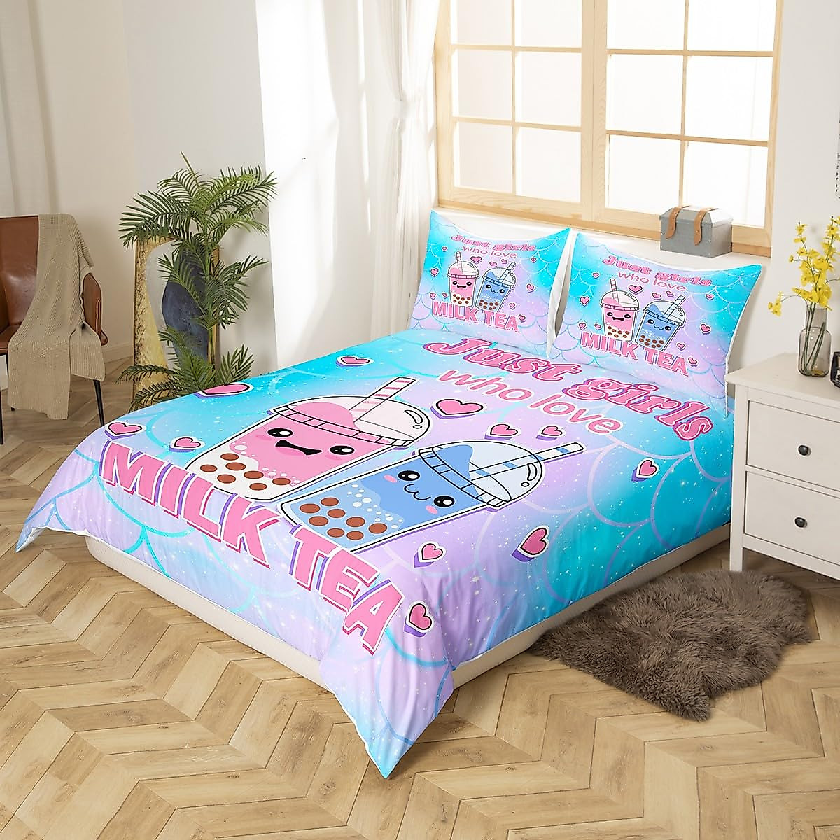 Cute Milk Tea Duvet Cover Twin Size,Purple Blue Ombre Fishscale Bedding Set 2pcs for Kids Teens,Cartoon Love Heart Comforter Cover Soft Quilt Cover Bedroom Decor Bedspread