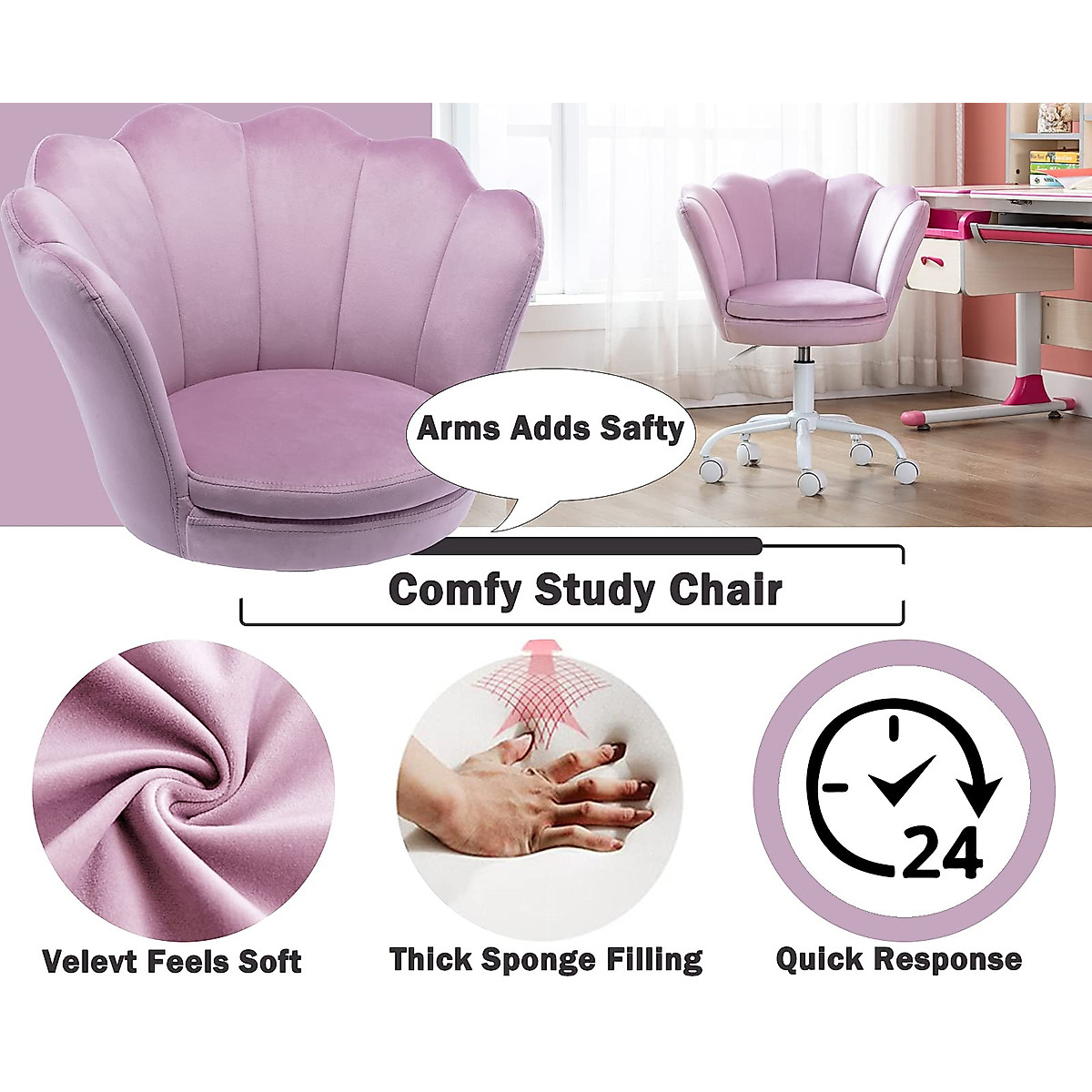 DM Kids Desk Chair Ergonomic Reading Study Computer Chair for Students Cute Modern Upholstered Velvet Swivel Rolling Arm Chair for Girls Bedroom, Seashell Back Adjustable Vanity Chair (Purple)