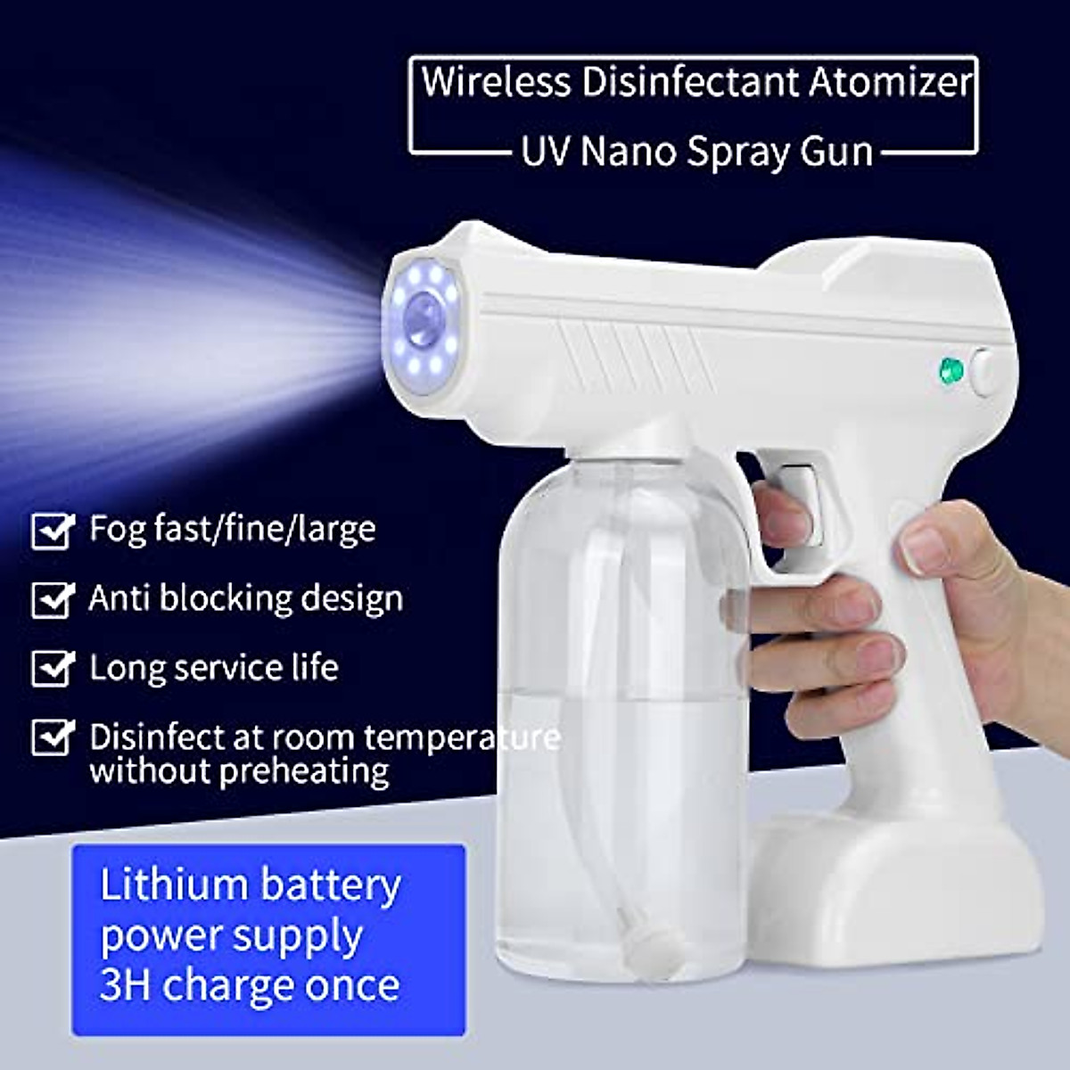 Disinfectant Cordless Gun, Handheld Rechargeable Nano Atomizer 27oz Large Capacity Electric Sprayer Nozzle Adjustable Fogger for Home, Office, School or Garden