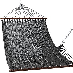 Lazy Daze Hammocks 10.5 FT Double 2 Person Caribbean Rope Hammock, Hand Woven Polyester Hammock with Spreader Bars, Extra Large Outside Outdoor Backyard Patio Poolside Hammock, 450 LBS Capacity, Gray